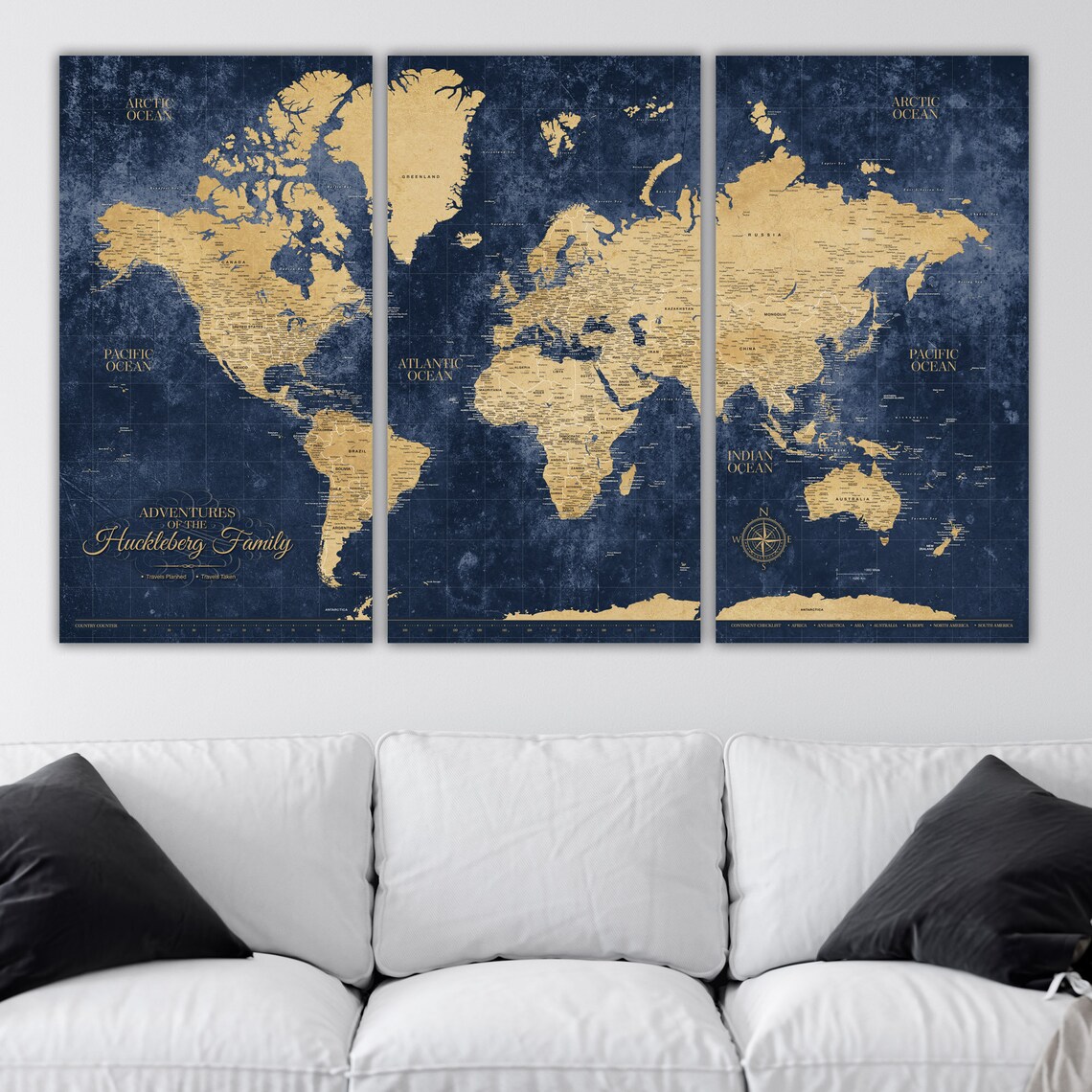 Gold & Navy Textured World Push Pin Map on Premium Canvas With - Etsy