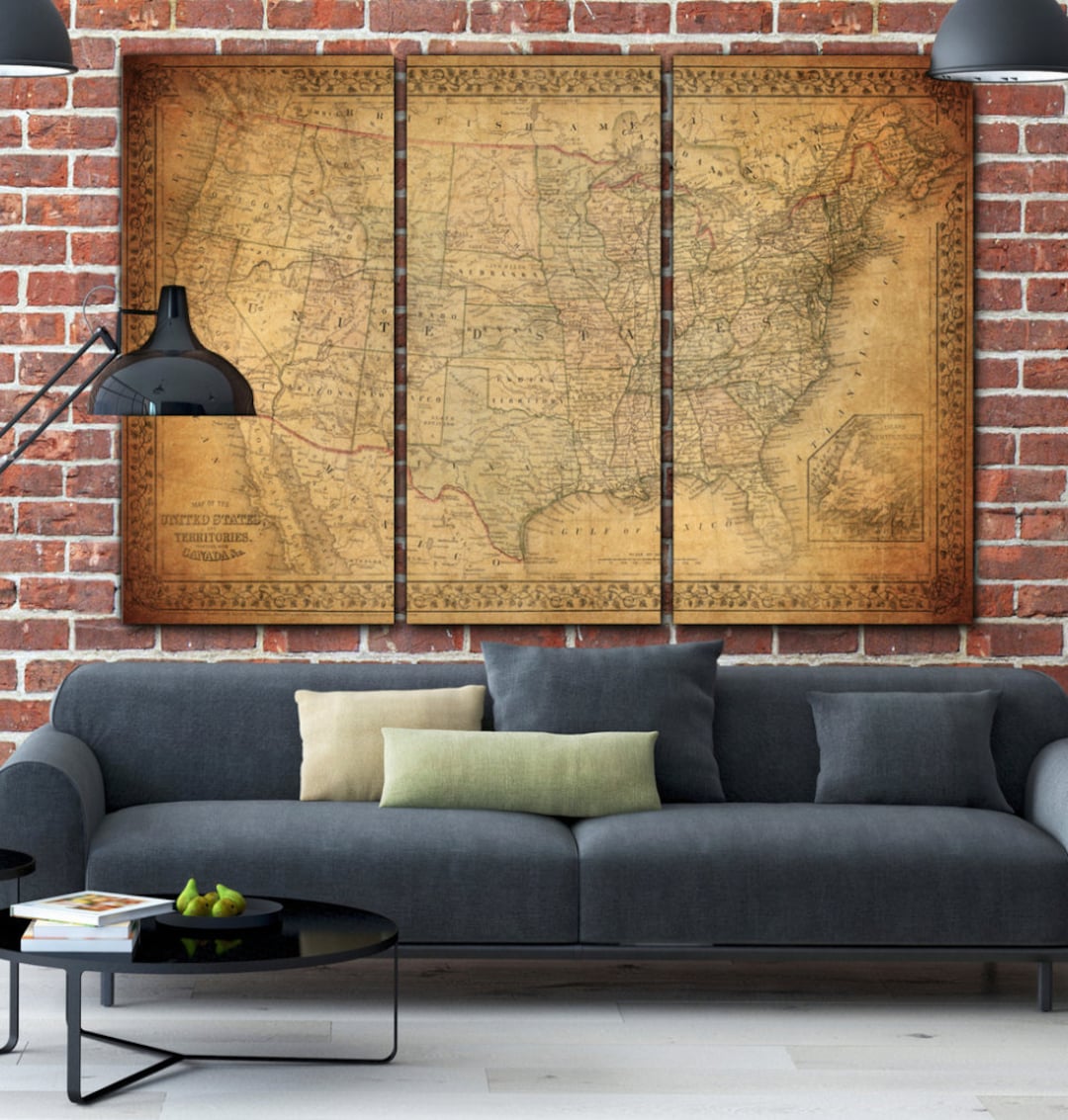 Vintage USA Map on Canvas, Vintage Map, Large Wall Map, Canvas Art ...