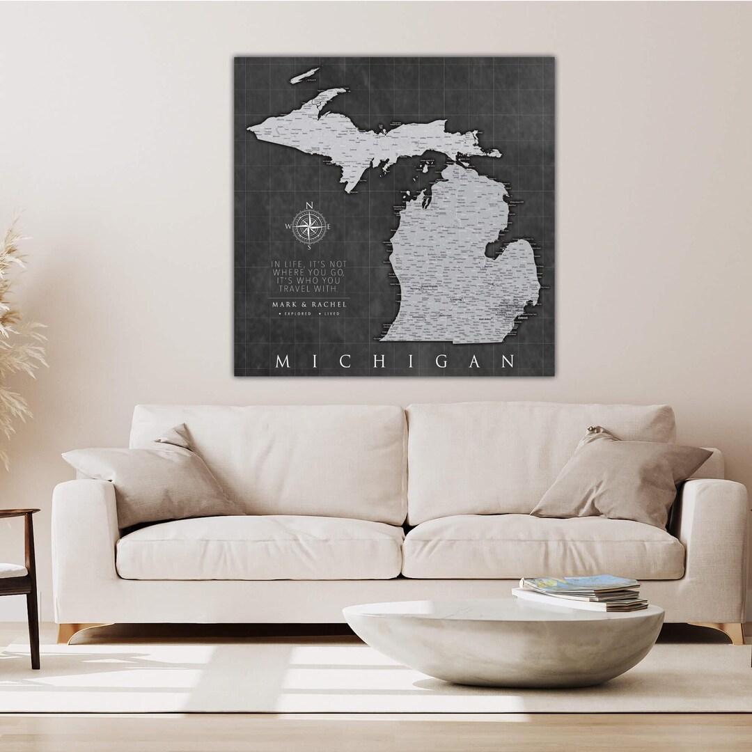 Grey Michigan Push Pin Map, Upscale Canvas Michigan Office Wall Art ...
