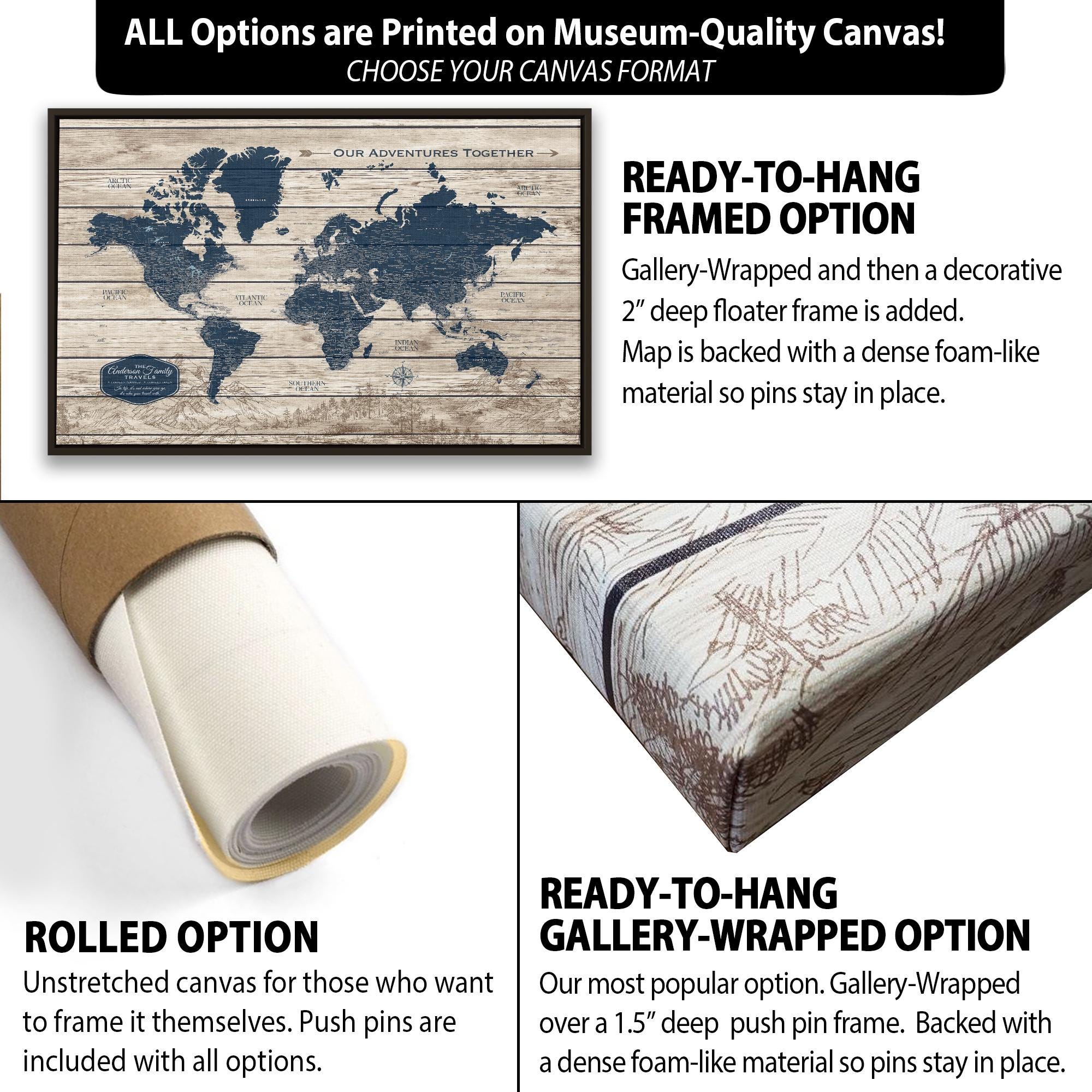 Personalized Rustic World Map on Wood Grain Background, Custom Canvas ...