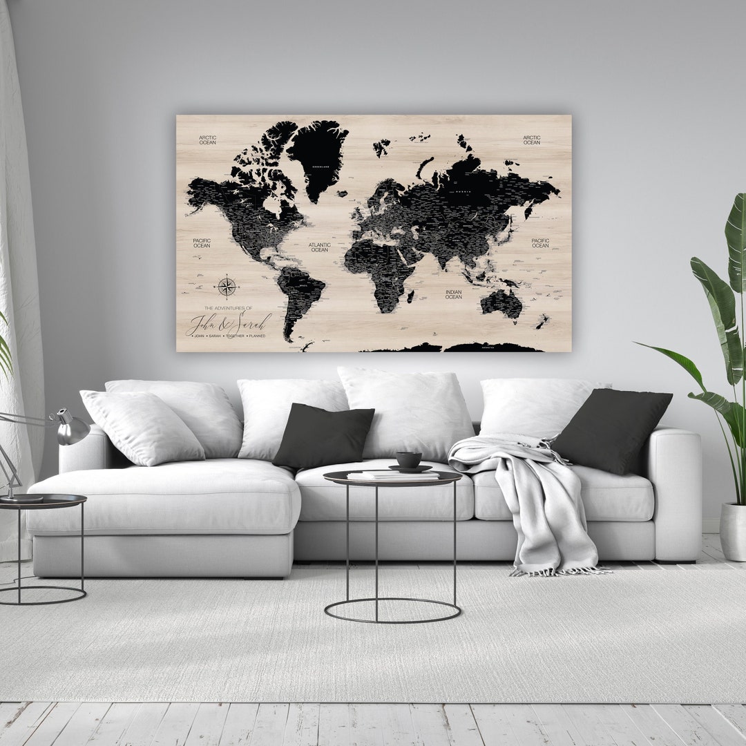 Modern Wood Push Pin Map of World on Canvas With Personalized Legend ...