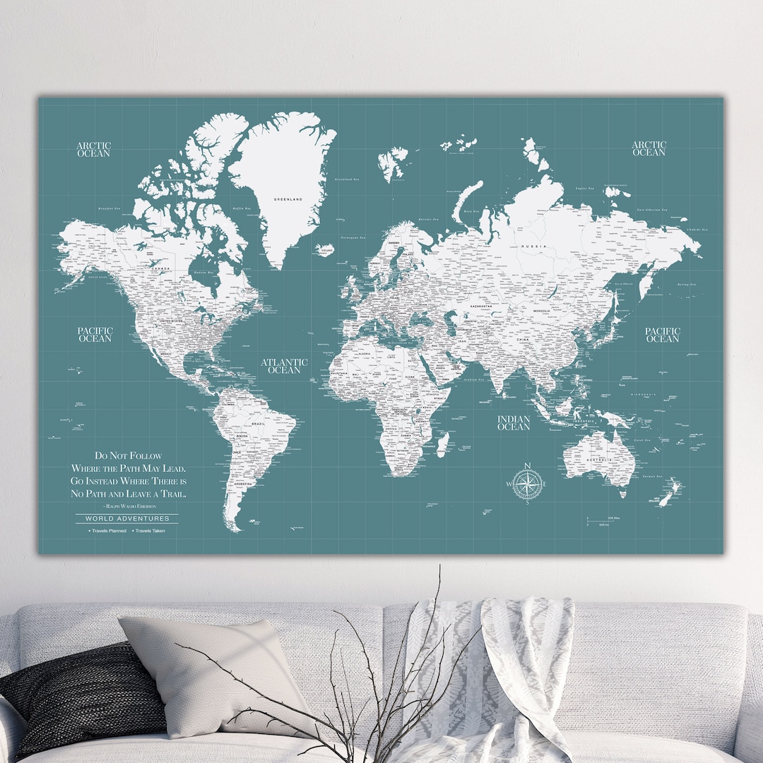 Teal Push Pin Travel Map, Custom Push Pin World Map, Travel Gift for ...