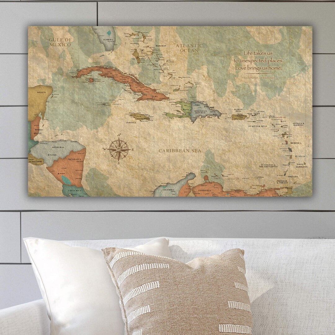 Push Pin Travel Map of the Caribbean, Customized Map Pin Board, Vintage ...
