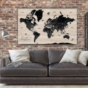 Modern Wood Push Pin Map of World on Canvas With Personalized Legend ...