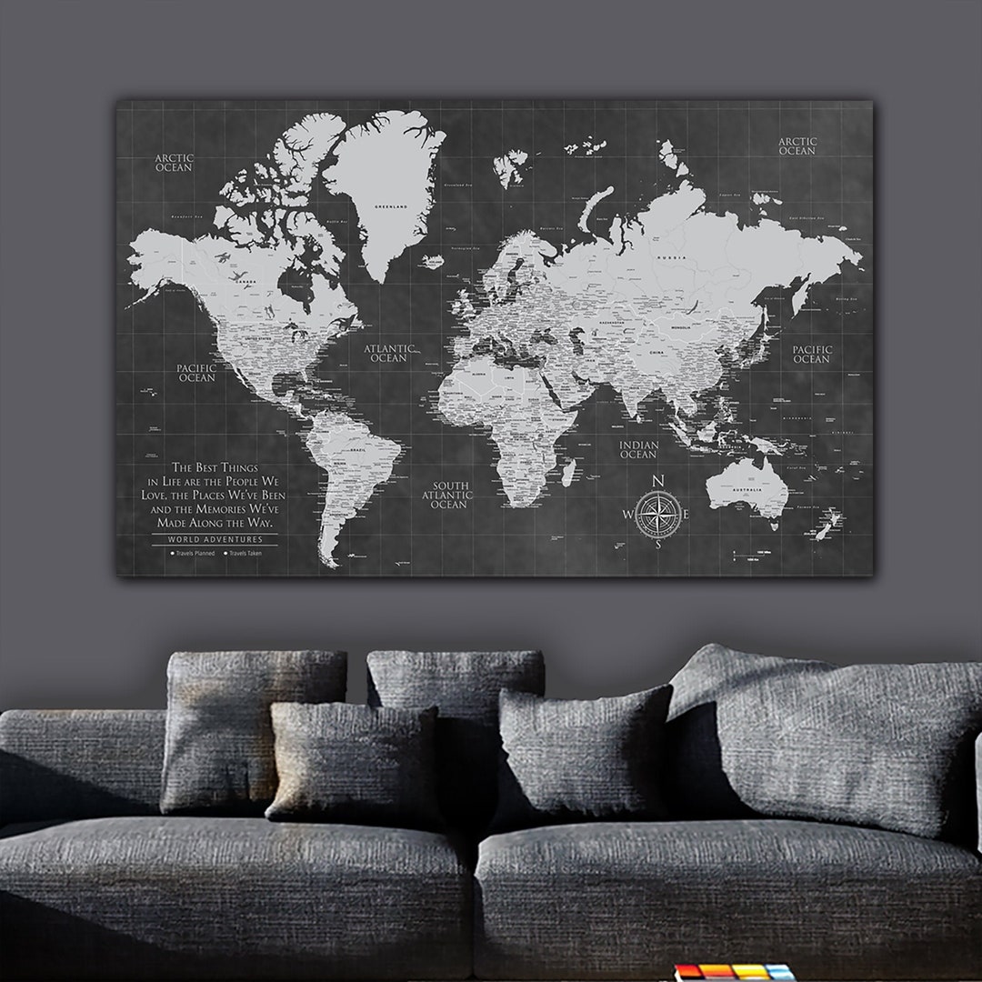 Grey Push Pin World Map Personalized 1-panel Canvas Custom - Etsy