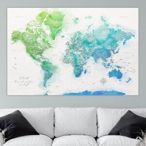 Blue & Green Watercolor World Push Pin Map on Premium Canvas With ...