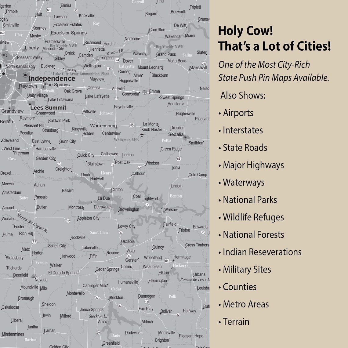 GREY Missouri Push Pin Map, Personalized Missouri State Map, Upscale ...