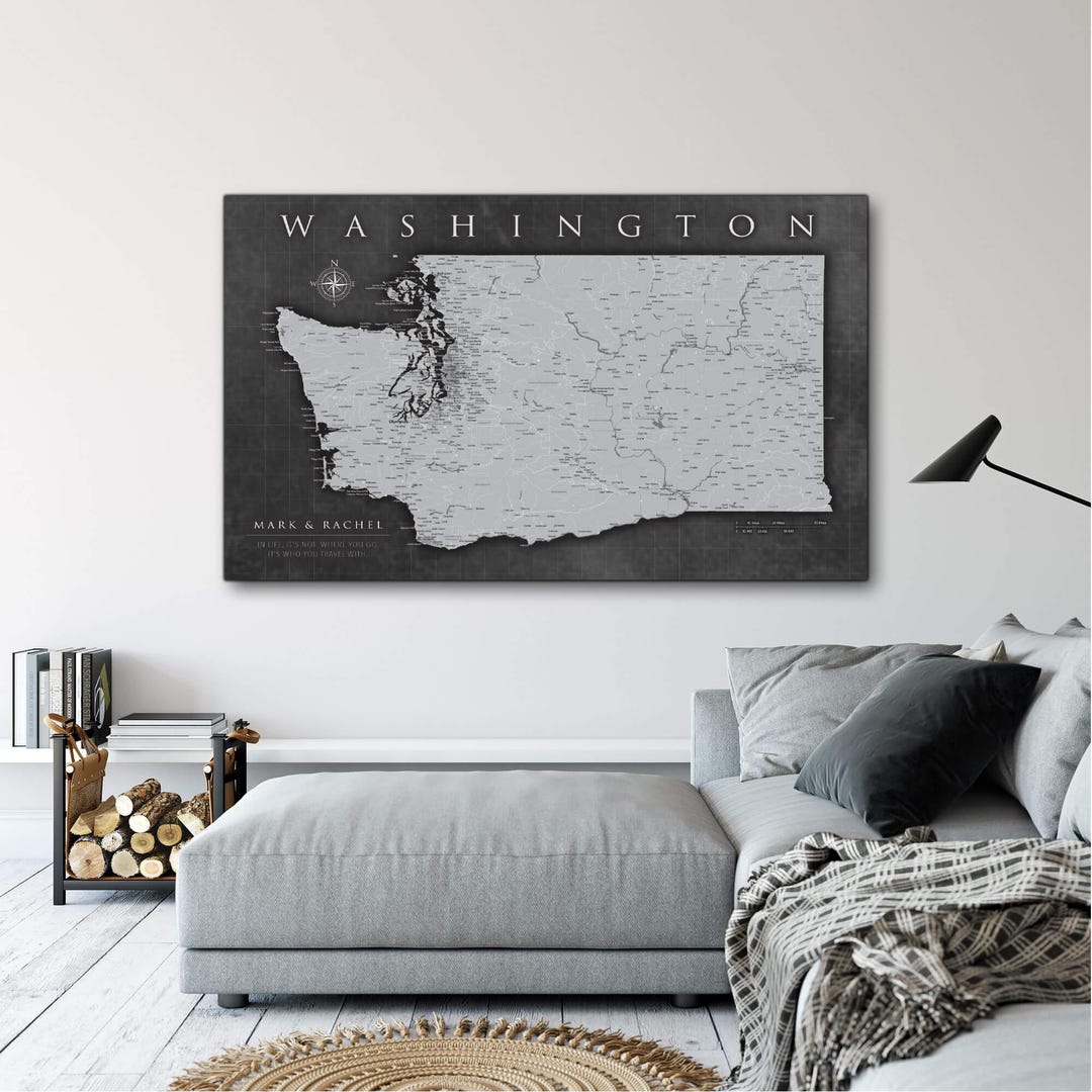GREY Washington Push Pin Map, Personalized Washington State Map ...