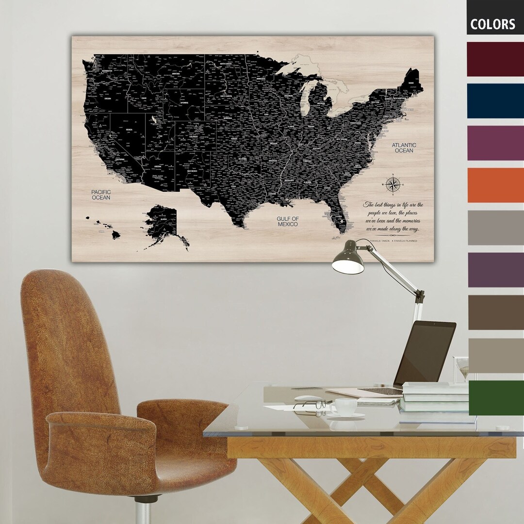 Modern Wood USA Push Pin Map Personalized on Canvas, Custom Colors ...