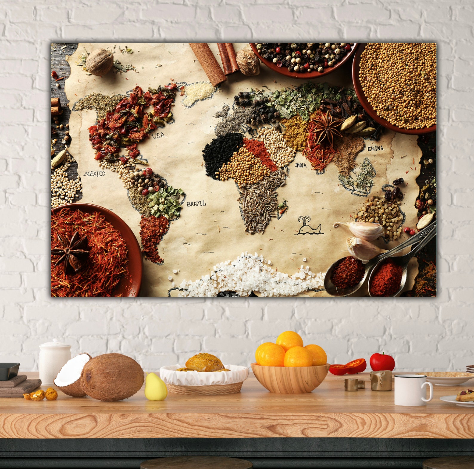 World Spice Map, World Map Canvas Art, Custom Map, World Map, Large ...