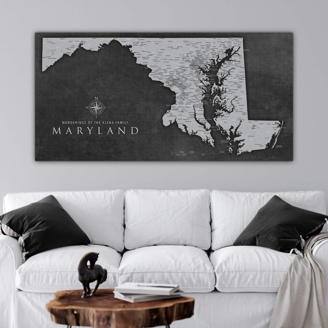 GREY Maryland Push Pin Map, Personalized Maryland State Map, Upscale ...