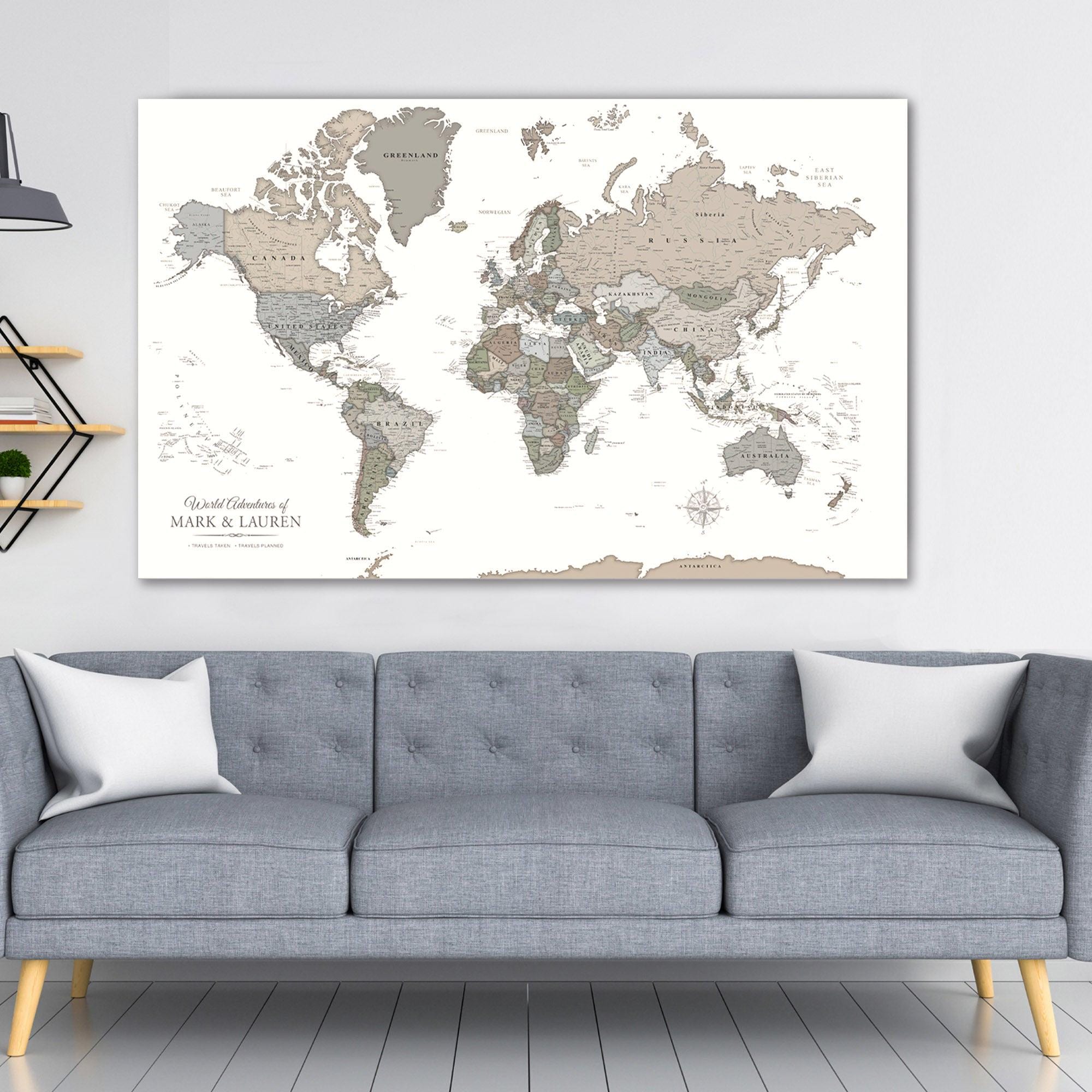 Muted Earth Tones World Push Pin Map on Premium Canvas With ...