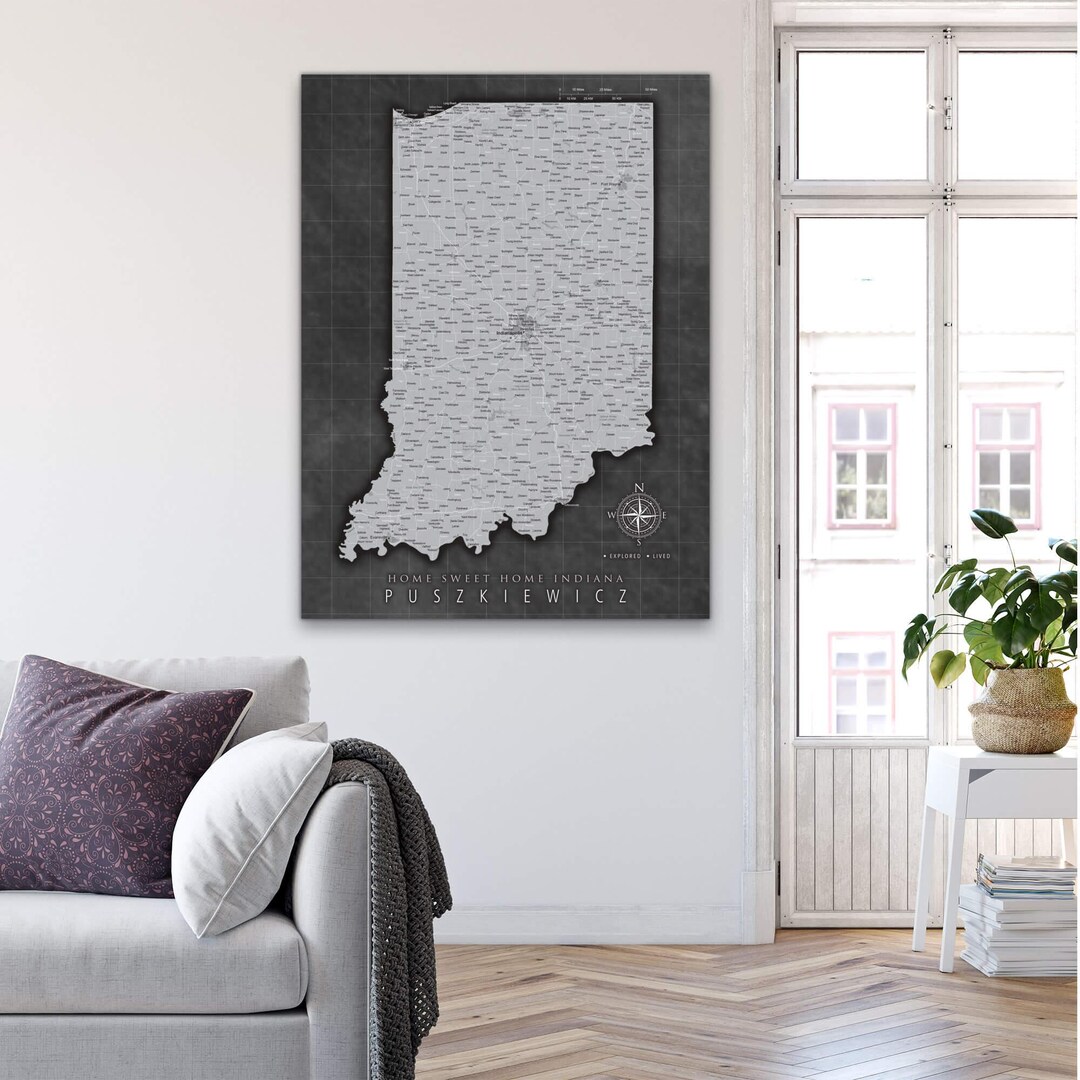 GREY Indiana Push Pin Map, Personalized Indiana State Map, Upscale ...