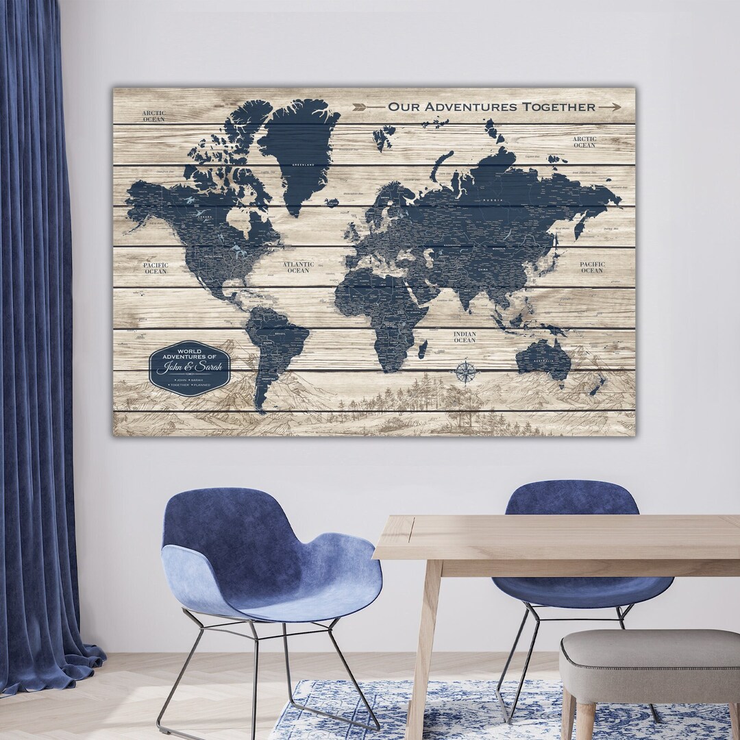 Personalized Rustic World Map on Wood Grain Background, Custom Canvas ...