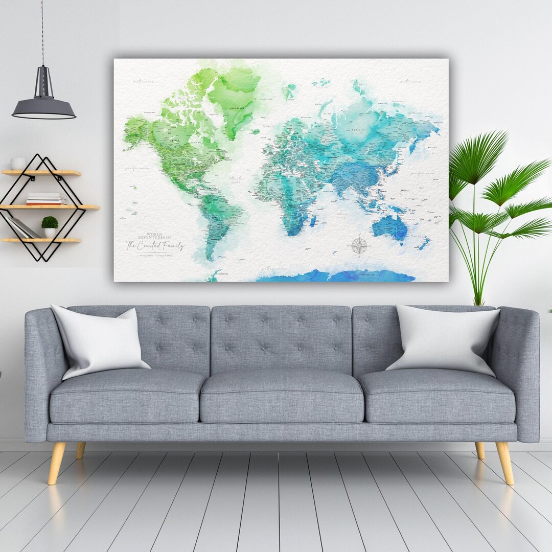 Blue & Green Watercolor World Push Pin Map on Premium Canvas With ...
