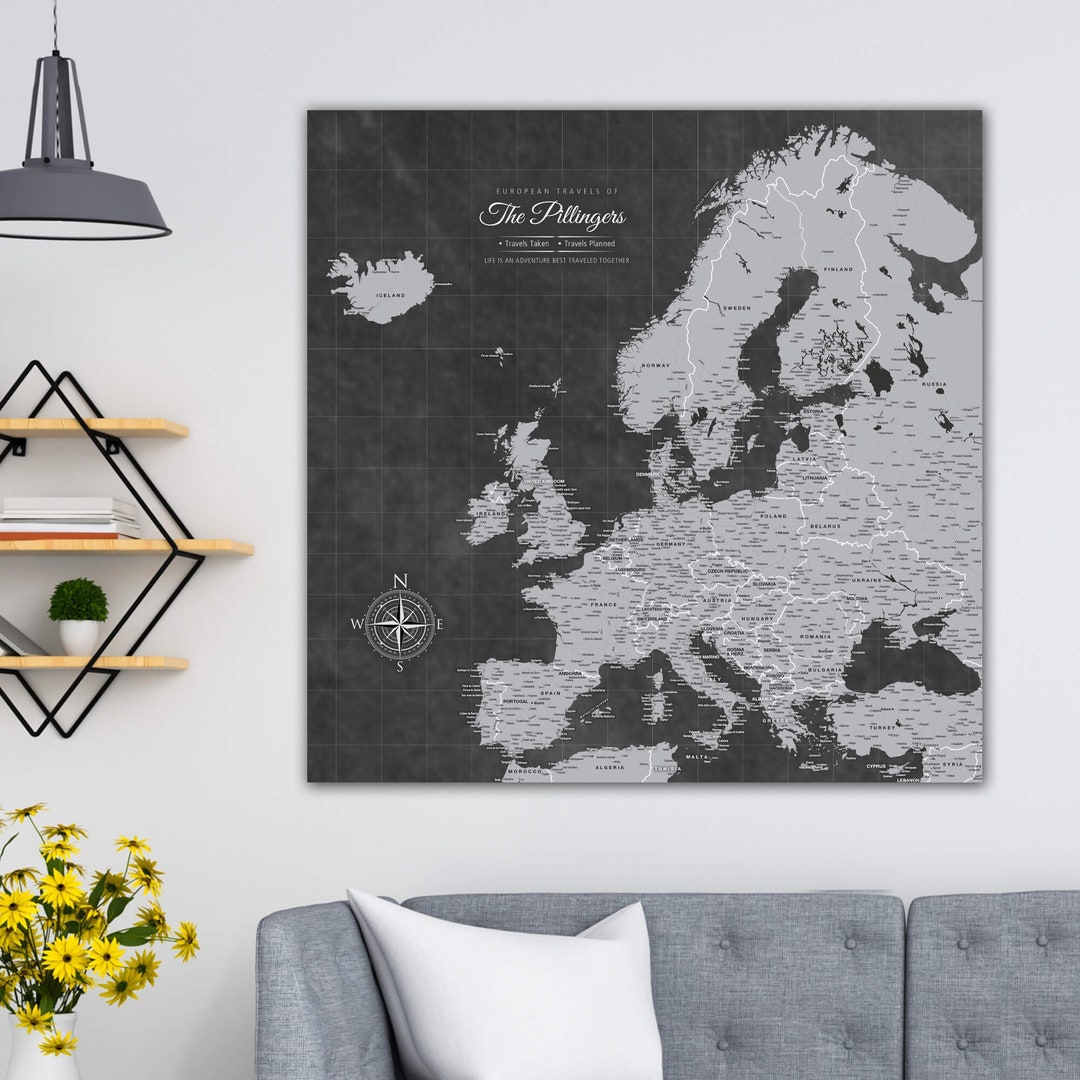 Grey Europe Push Pin Travel Map, Customized Map Framed One Panel ...