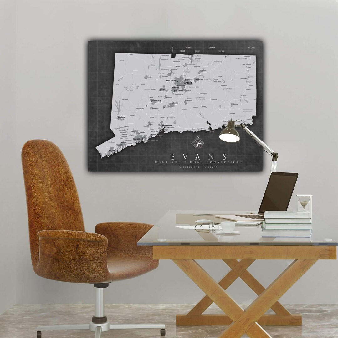 GREY Connecticut Push Pin Map, Personalized Connecticut Map, Upscale ...