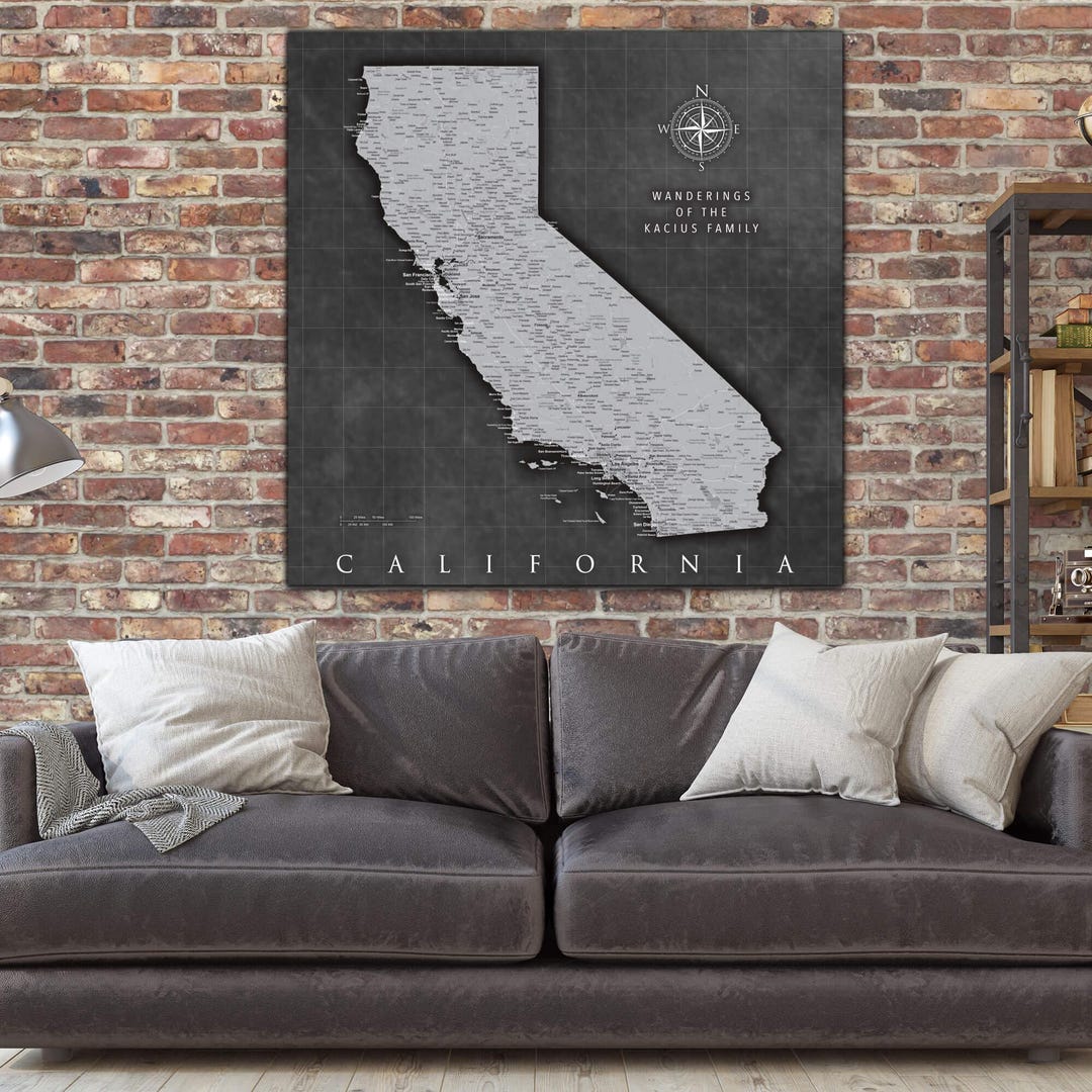 Grey California Push Pin Map, Canvas California Office Decor ...