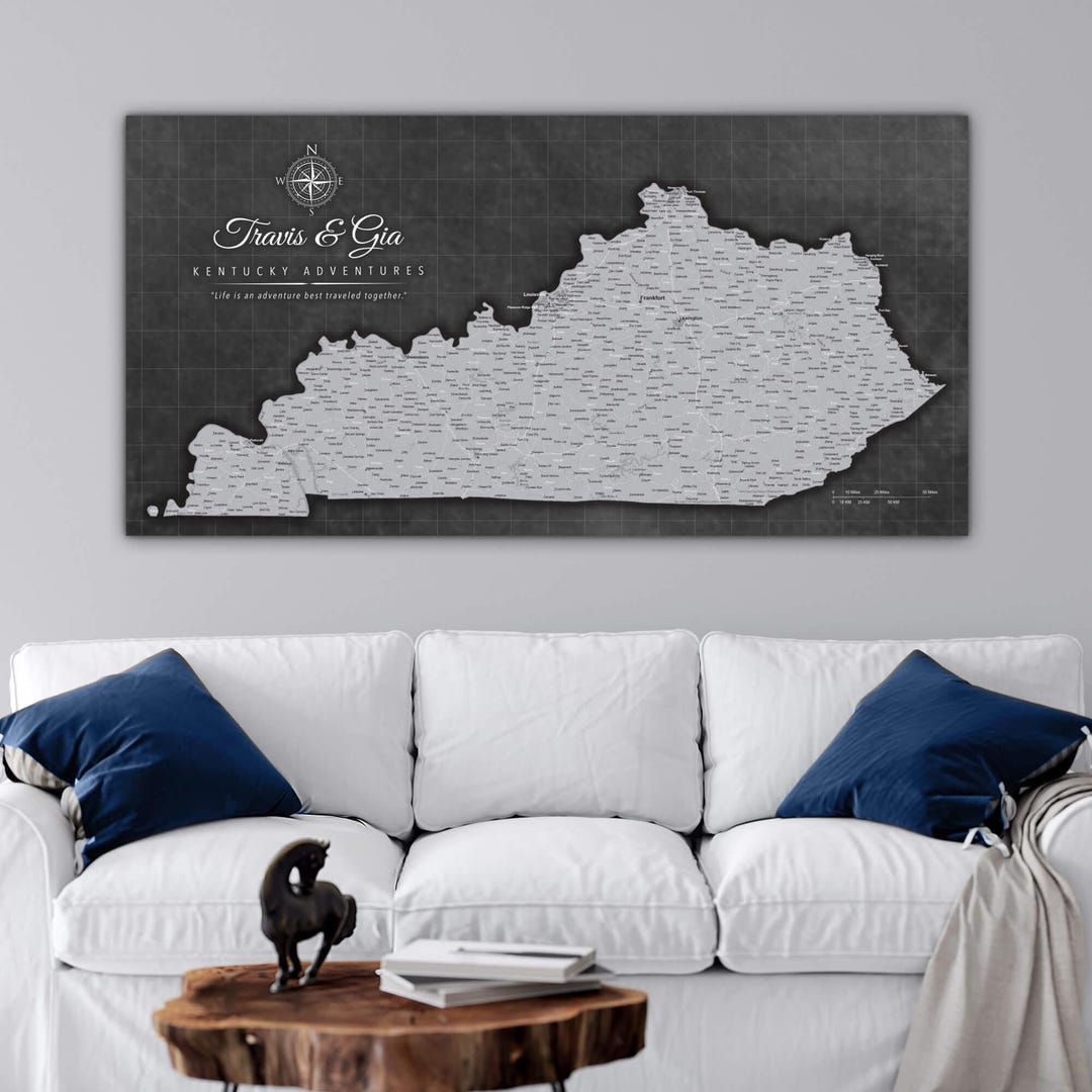 GREY Kentucky Push Pin Map, Personalized Kentucky State Map, Upscale ...