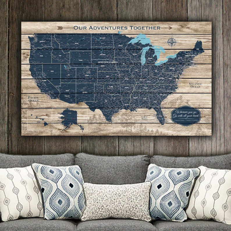 Rustic Push Pin Usa Map Personalized Canvas Travel T Etsy 