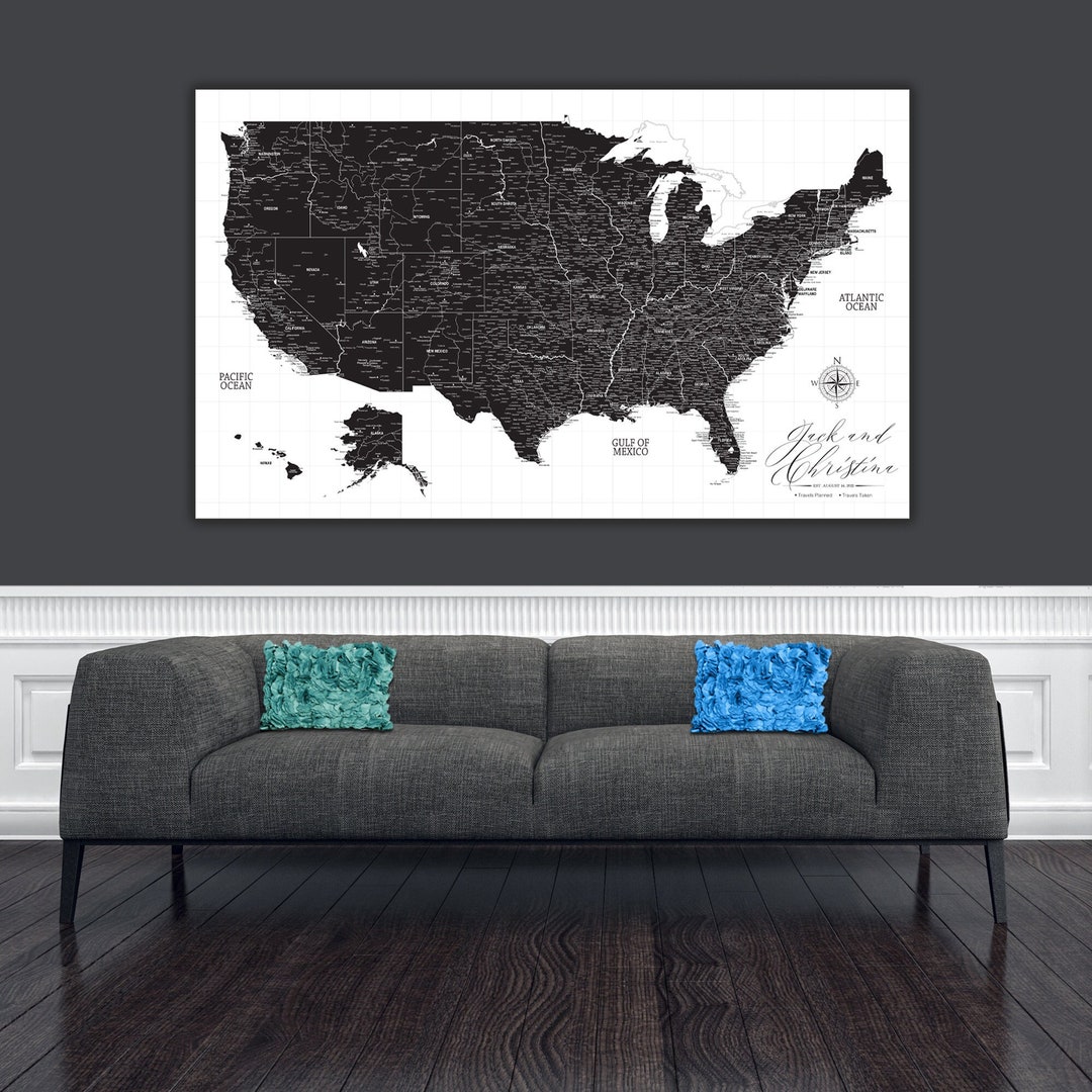 Black & White USA Push Pin Travel Map, Customized Push Pin Map Large ...