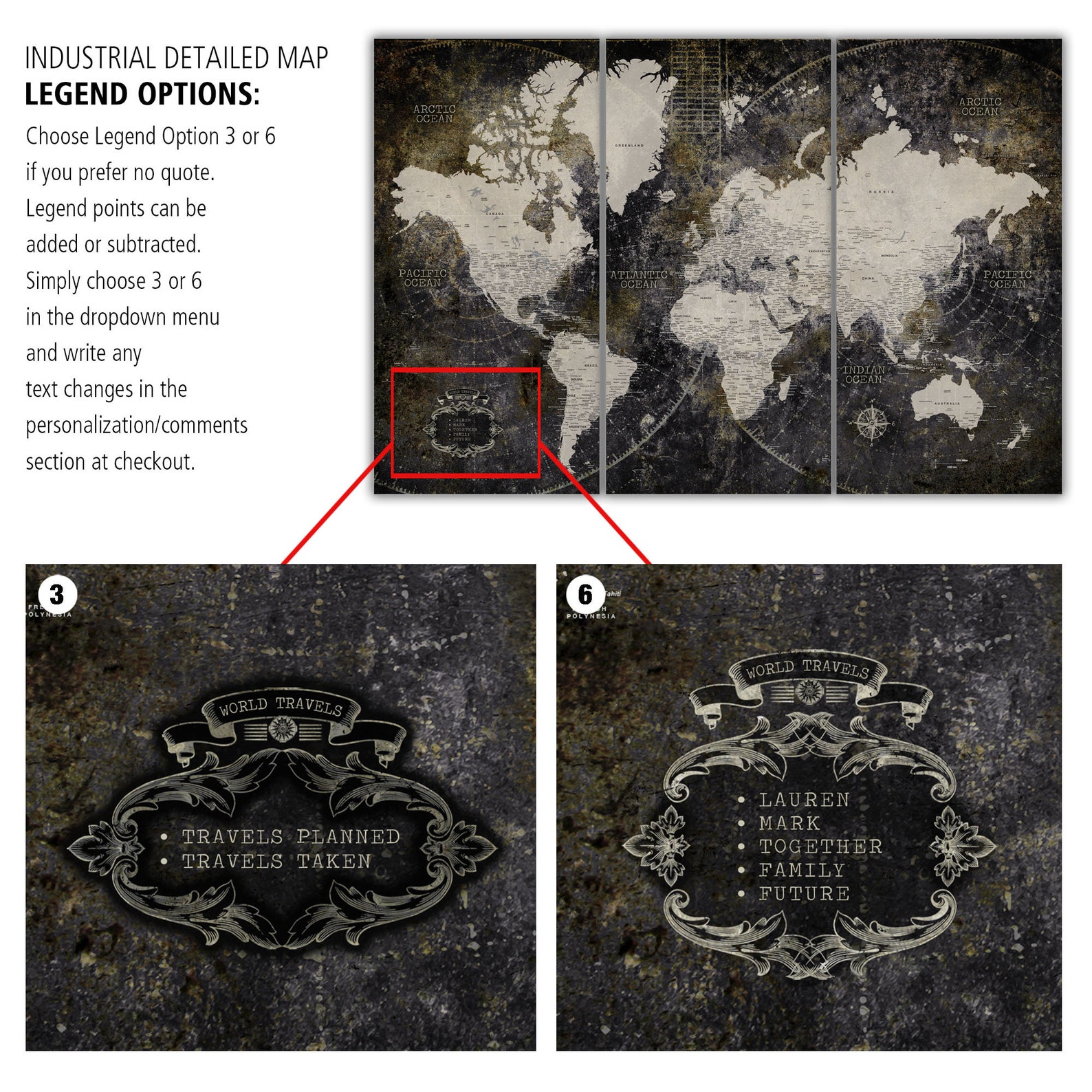 Industrial Detailed Push Pin Travel Map World 3 Panel Set - Etsy