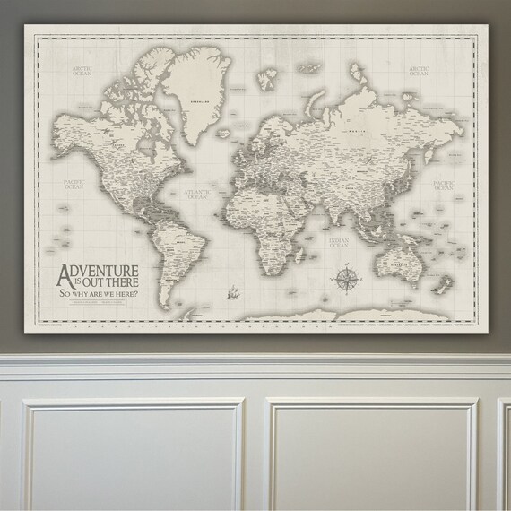 Cream World Push Pin Travel Map on Canvas Large Wall Art Old | Etsy