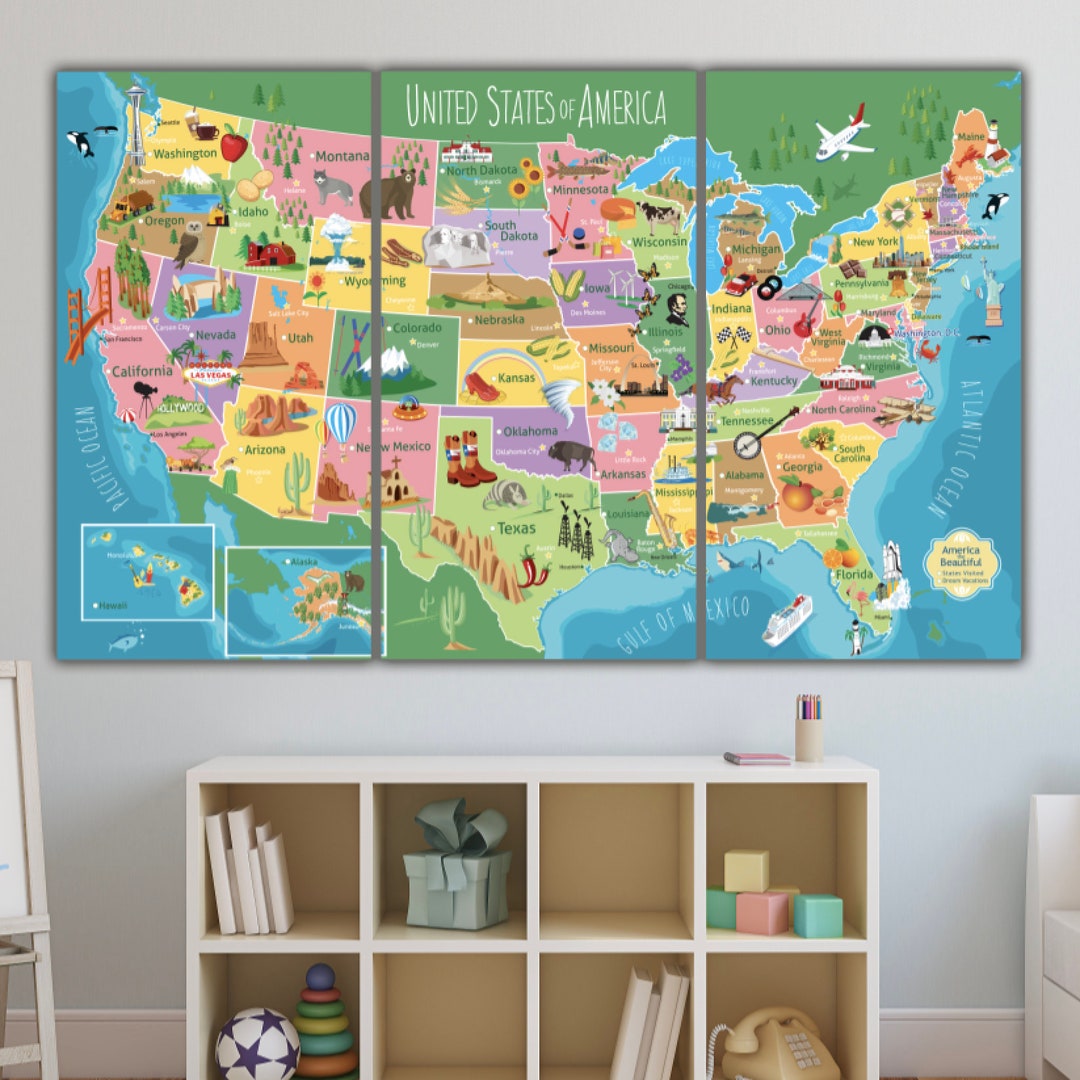 Kids USA Map Colorful Push Pin Personalized Canvas, Educational Art ...