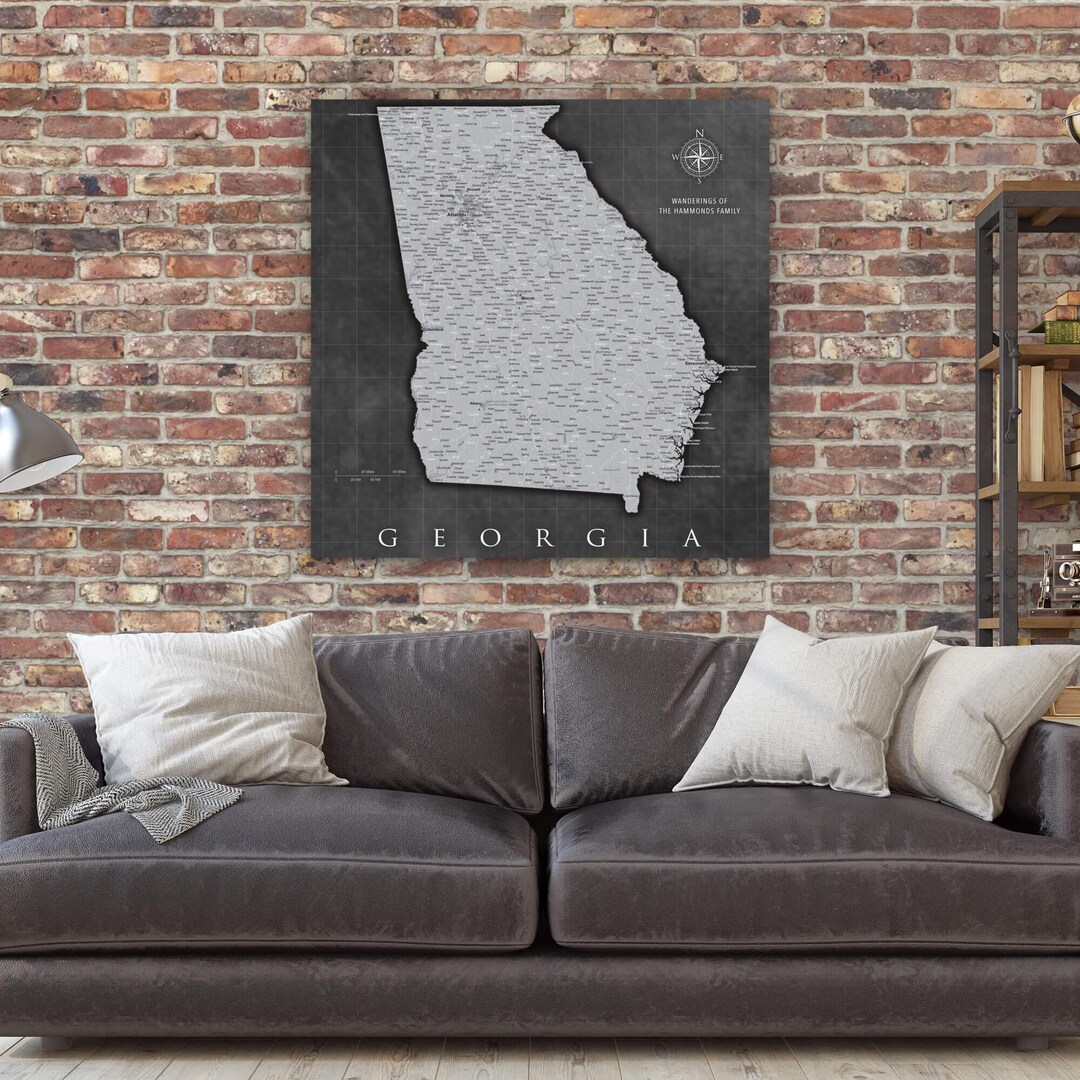 GREY Georgia Push Pin Map, Personalized Georgia State Map, Upscale ...