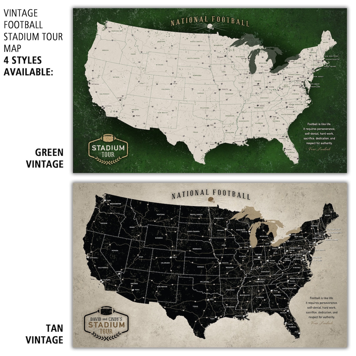 Vintage Football Stadium Tour Map, Push Pin Map for Stadium Bucket List ...