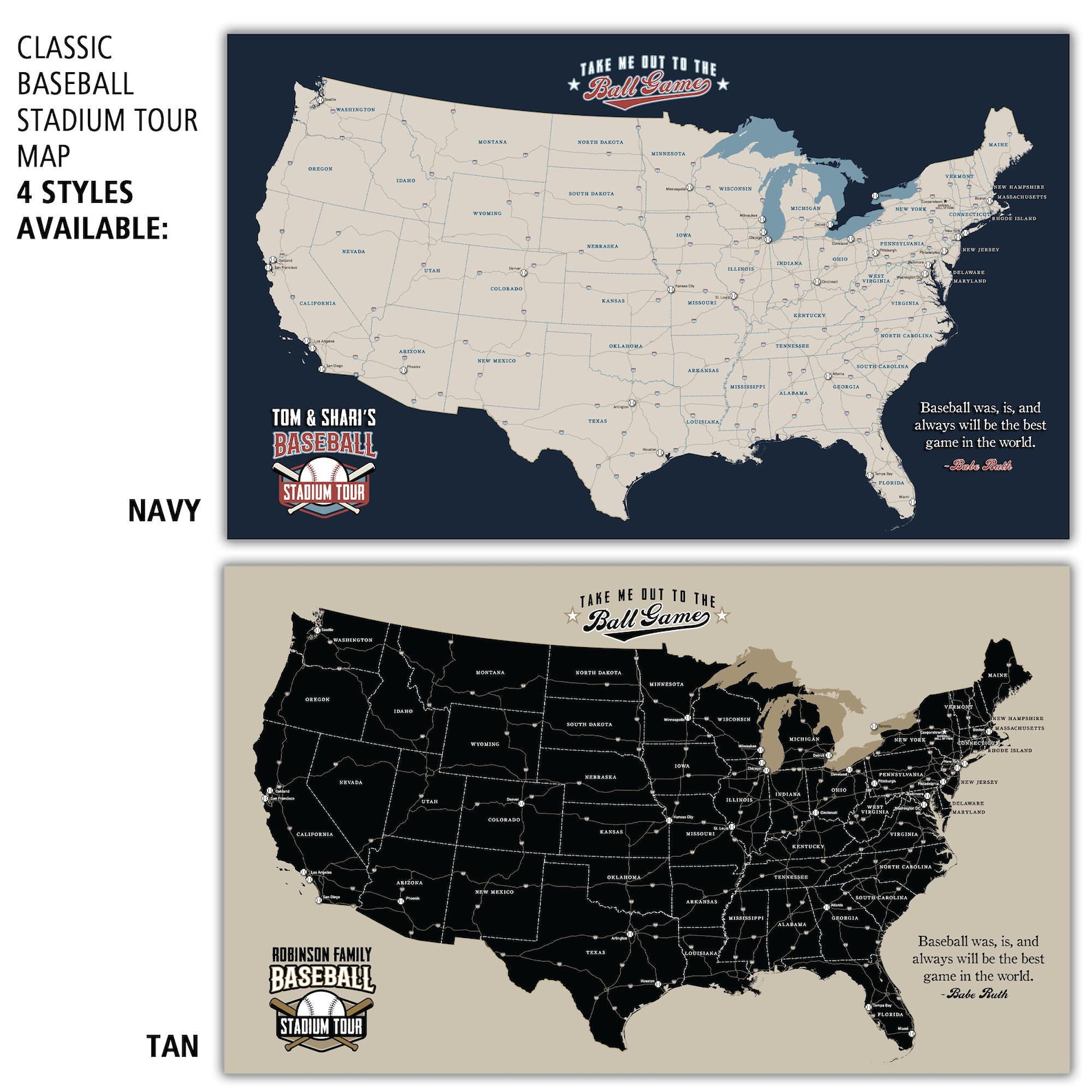 Baseball Stadium Map, Classic Ballpark Tour Push Pin Bucket List Map ...