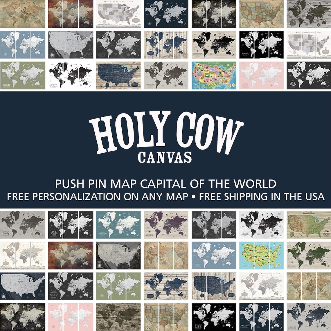 Muted Earth Tones World Push Pin Map on Premium Canvas With ...
