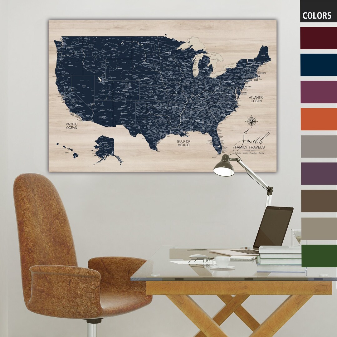 Modern Wood USA Push Pin Map Personalized on Canvas, Custom Colors ...