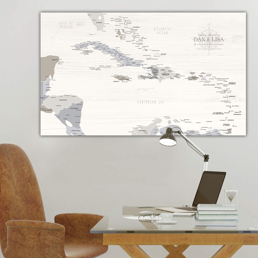 Farmhouse Caribbean Push Pin Travel Map, Customized Map Pinboard ...