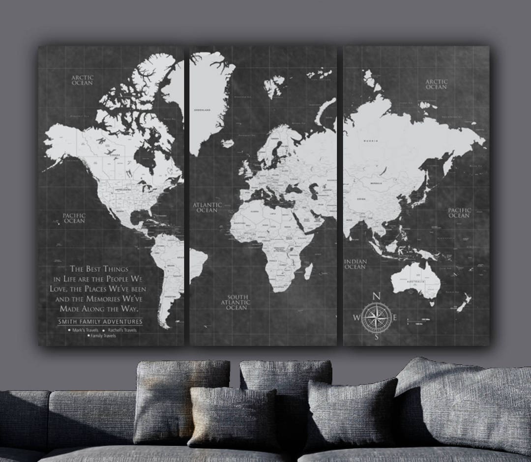 Grey Push Pin World Travel Map Canvas Art Custom Push Pin - Etsy