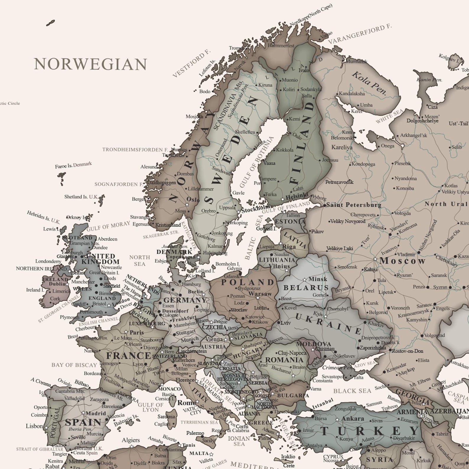 Muted Earth Tones World Push Pin Map on Premium Canvas With ...