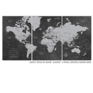 Grey Push Pin World Travel Map Canvas Art, Custom Push Pin Map, 3 Panel ...