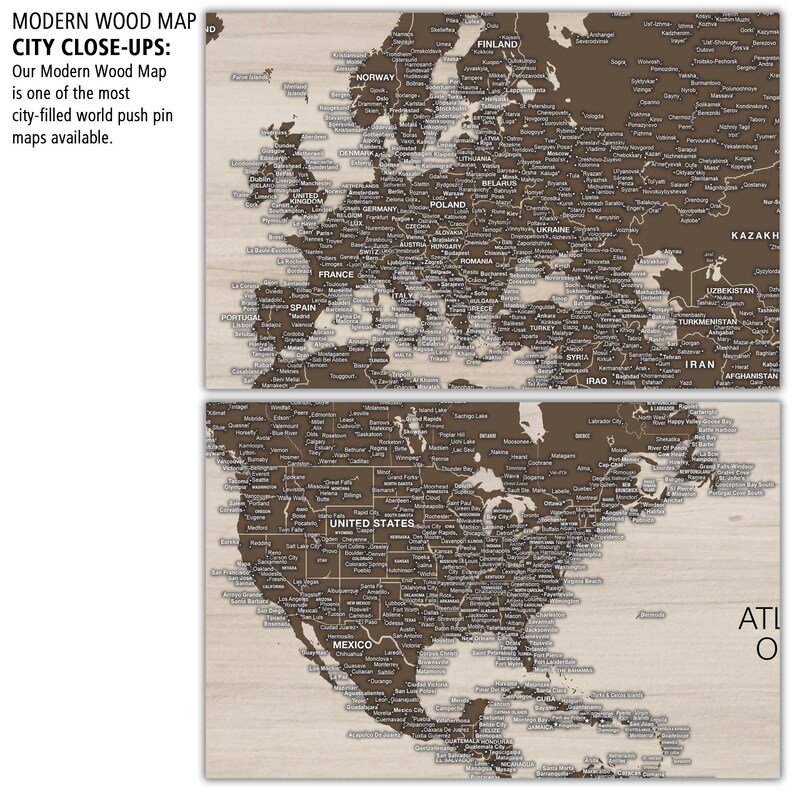 Modern Wood Push Pin Map of World on Canvas With Personalized - Etsy