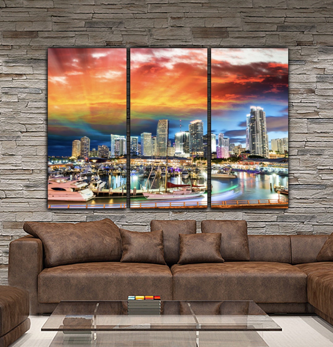 Miami Skyline Canvas Set, Large Wall Art of Miami Print, Miami Canvas ...