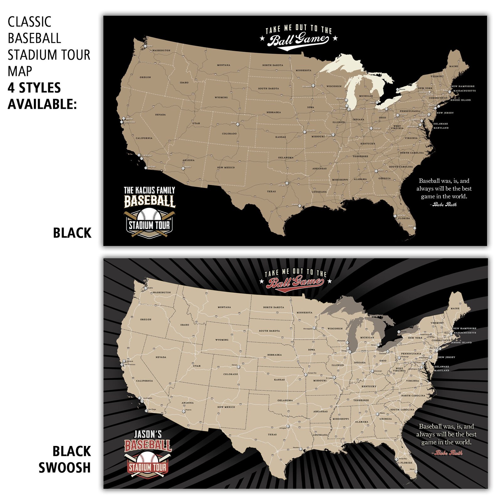 Baseball Stadium Map, Classic Ballpark Tour Push Pin Bucket List Map ...
