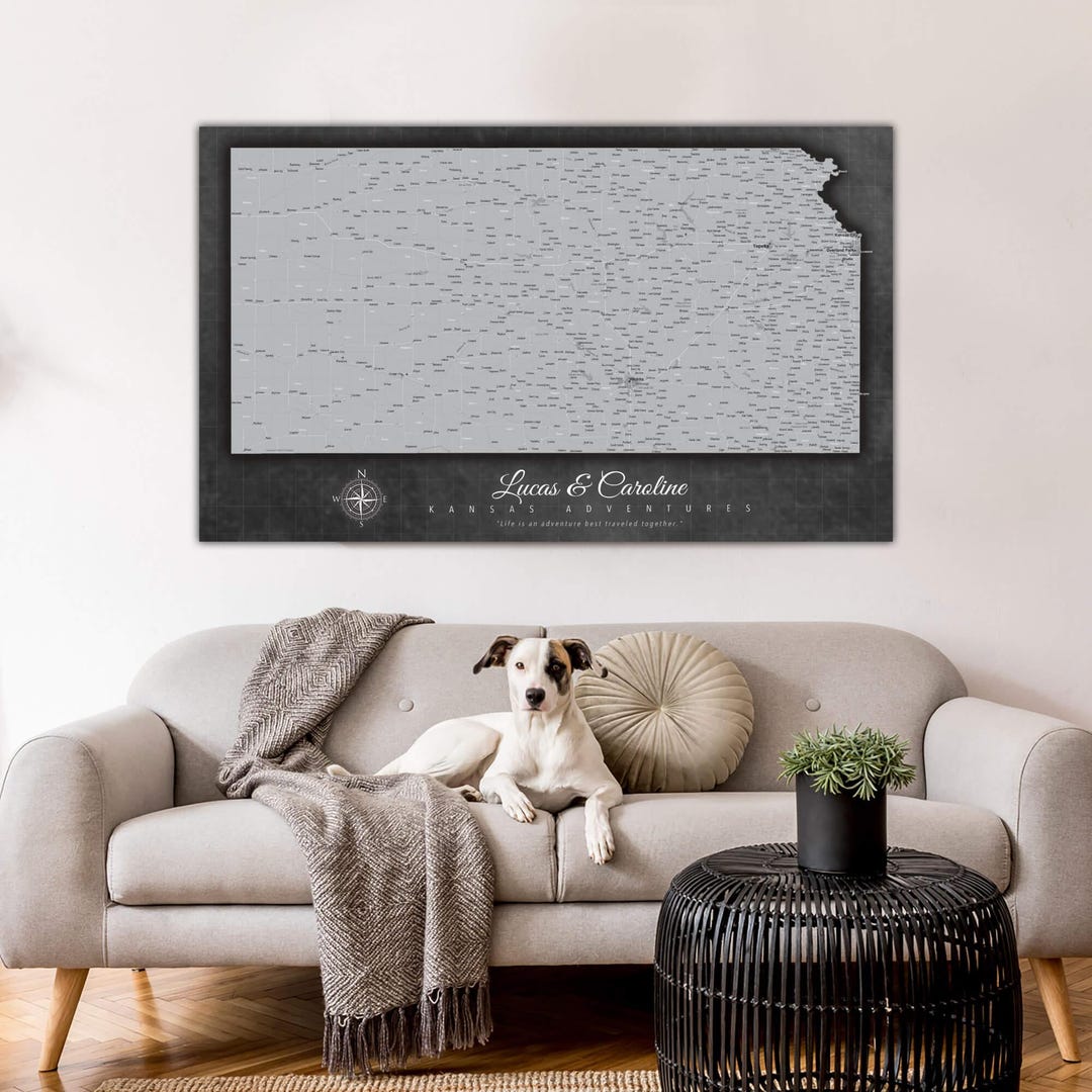 GREY Kansas Push Pin Map, Personalized Kansas State Map, Upscale Canvas ...