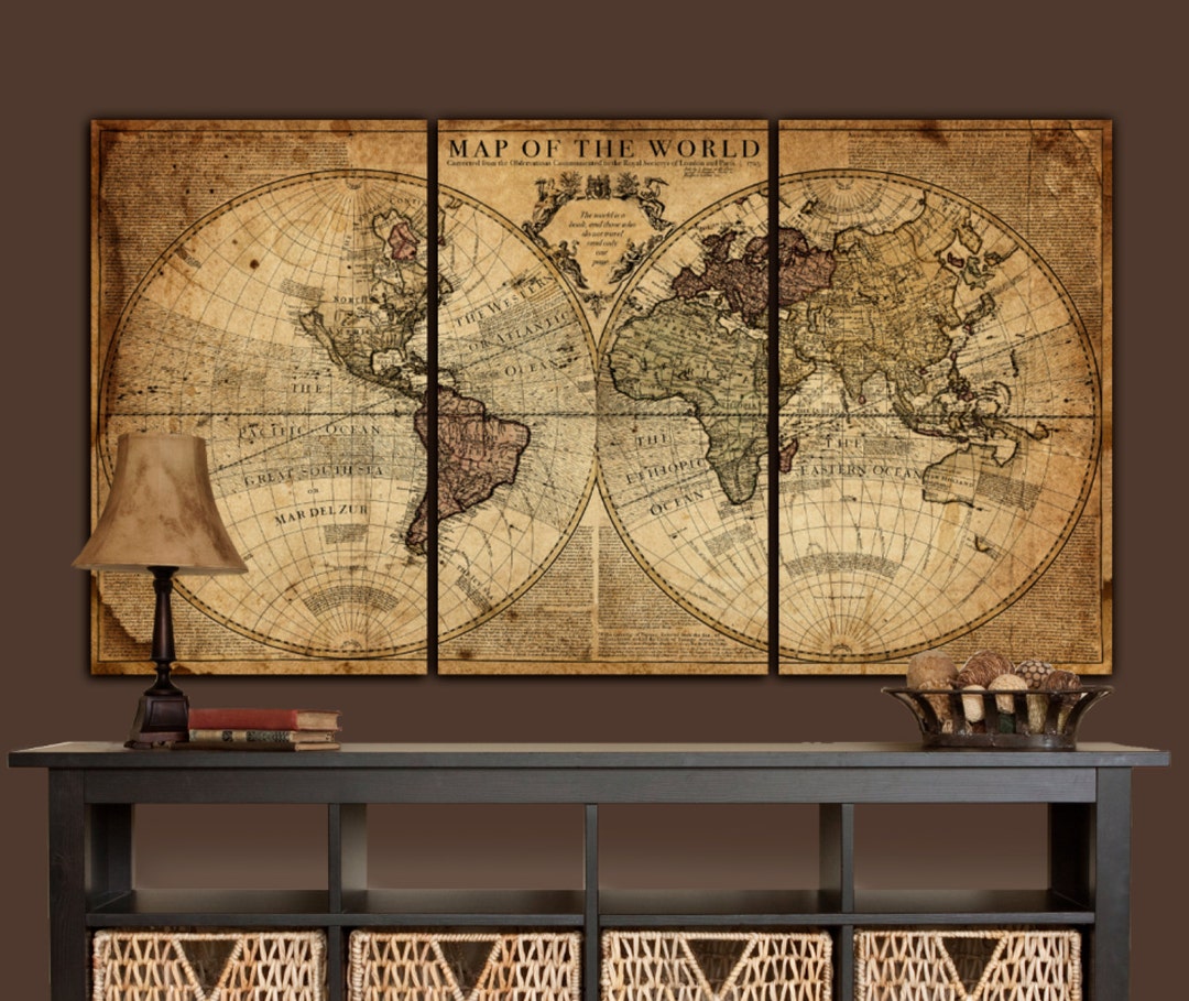 Globe Tan Map World Map Canvas, Vintage Map Art, Brown & Gold Map of ...