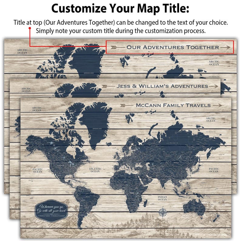Personalized Rustic World Map on Wood Grain Background, Custom Canvas ...