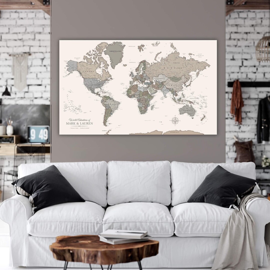 Muted Earth Tones World Push Pin Map on Premium Canvas With ...
