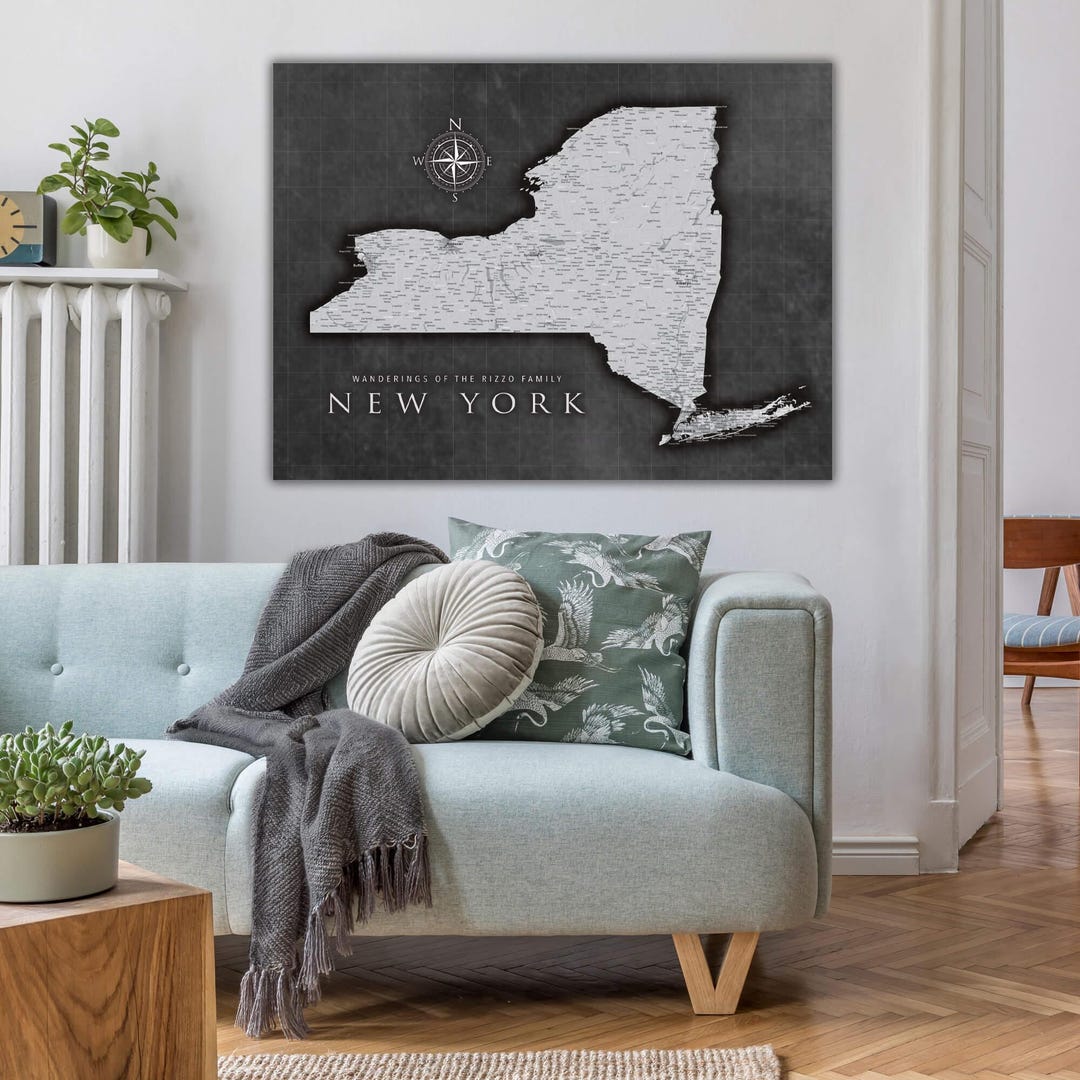 GREY New York Push Pin Map, Personalized New York State Map, Upscale ...