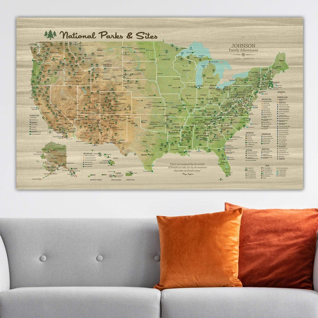 National Parks & Sites USA Push Pin Map on Canvas, Over 700 Sites ...