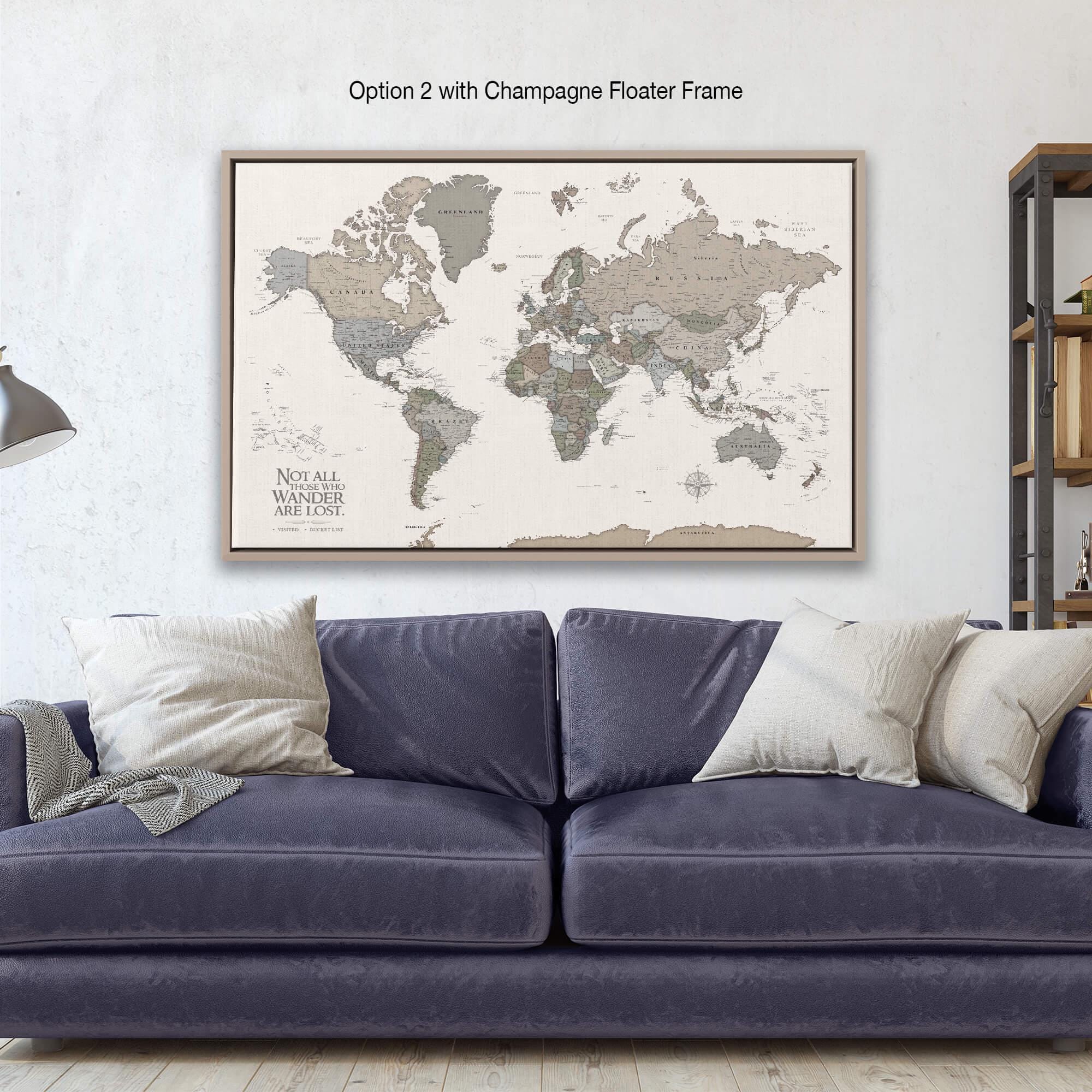 Muted Earth Tones World Push Pin Map on Premium Canvas With ...