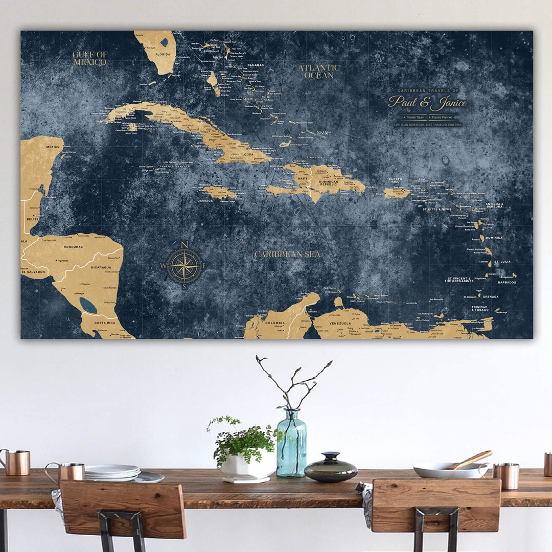 Gold & Navy Textured Caribbean Push Pin Travel Map, Customized Map ...