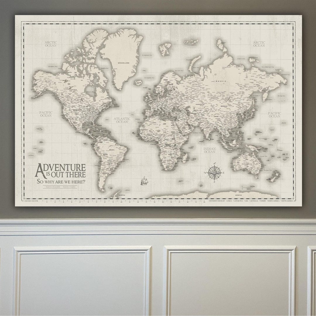 Cream World Push Pin Travel Map on Canvas, Large Wall Art, Old World ...
