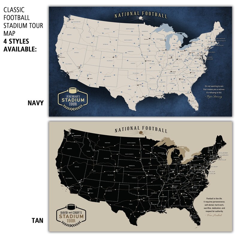 Football Stadium Map, Classic Stadium Tour Push Pin Bucket List Map ...